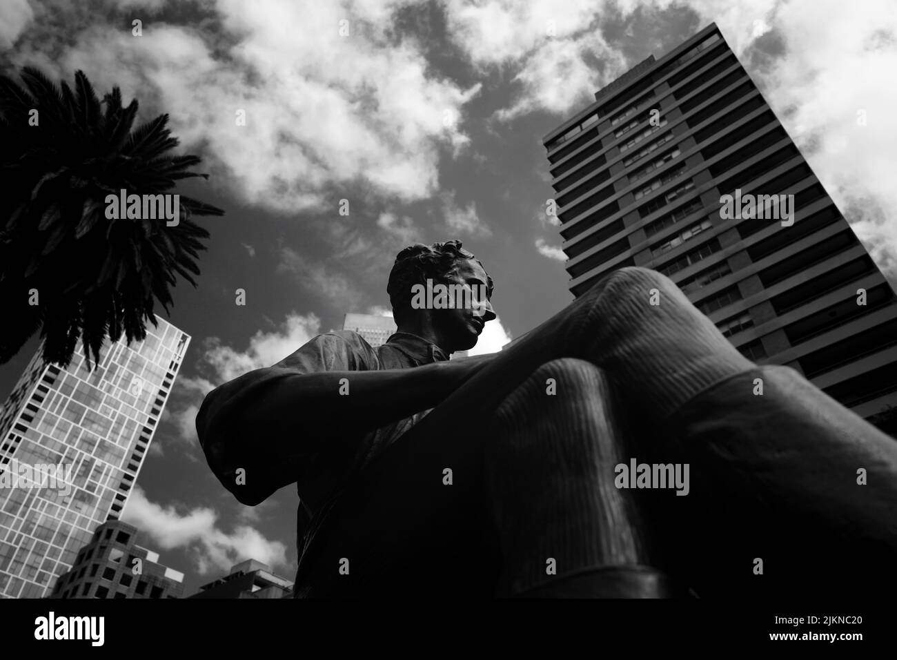 A grayscale low angle closeup of the public sculpture in Melbourne ...