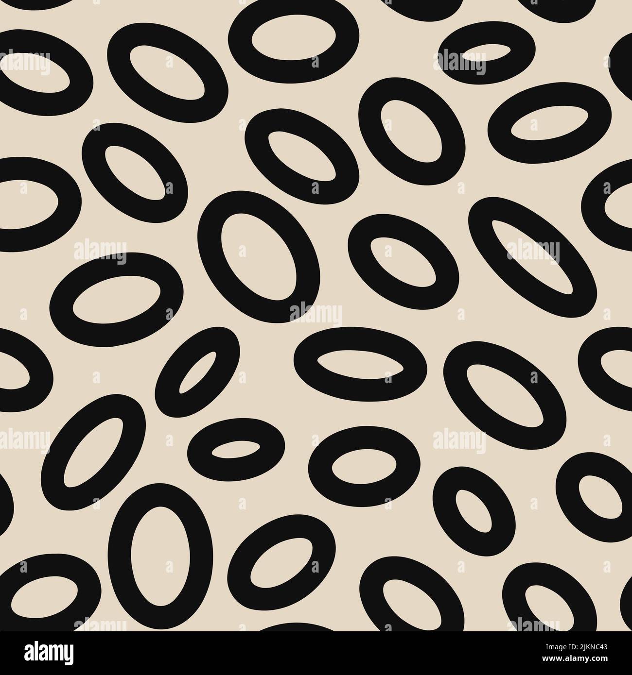 Seamless neutral oval pattern. Black hand-drawn rings isolated on beige background. Doodle dots ...