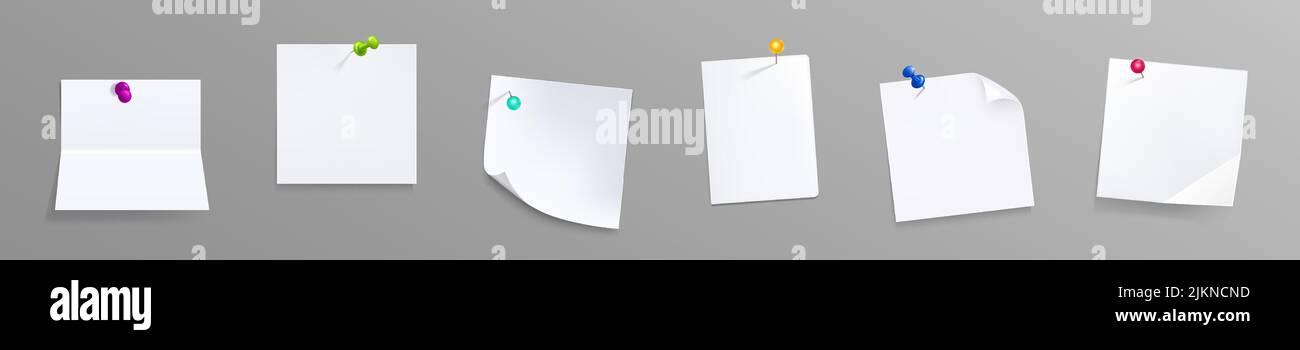 Paper notes with pins, white stickers or notepad pages with curled ...