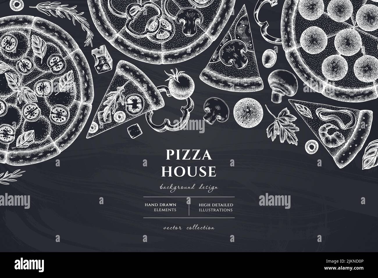 Pizza hand drawn illustration design. Background with chalk greek ...