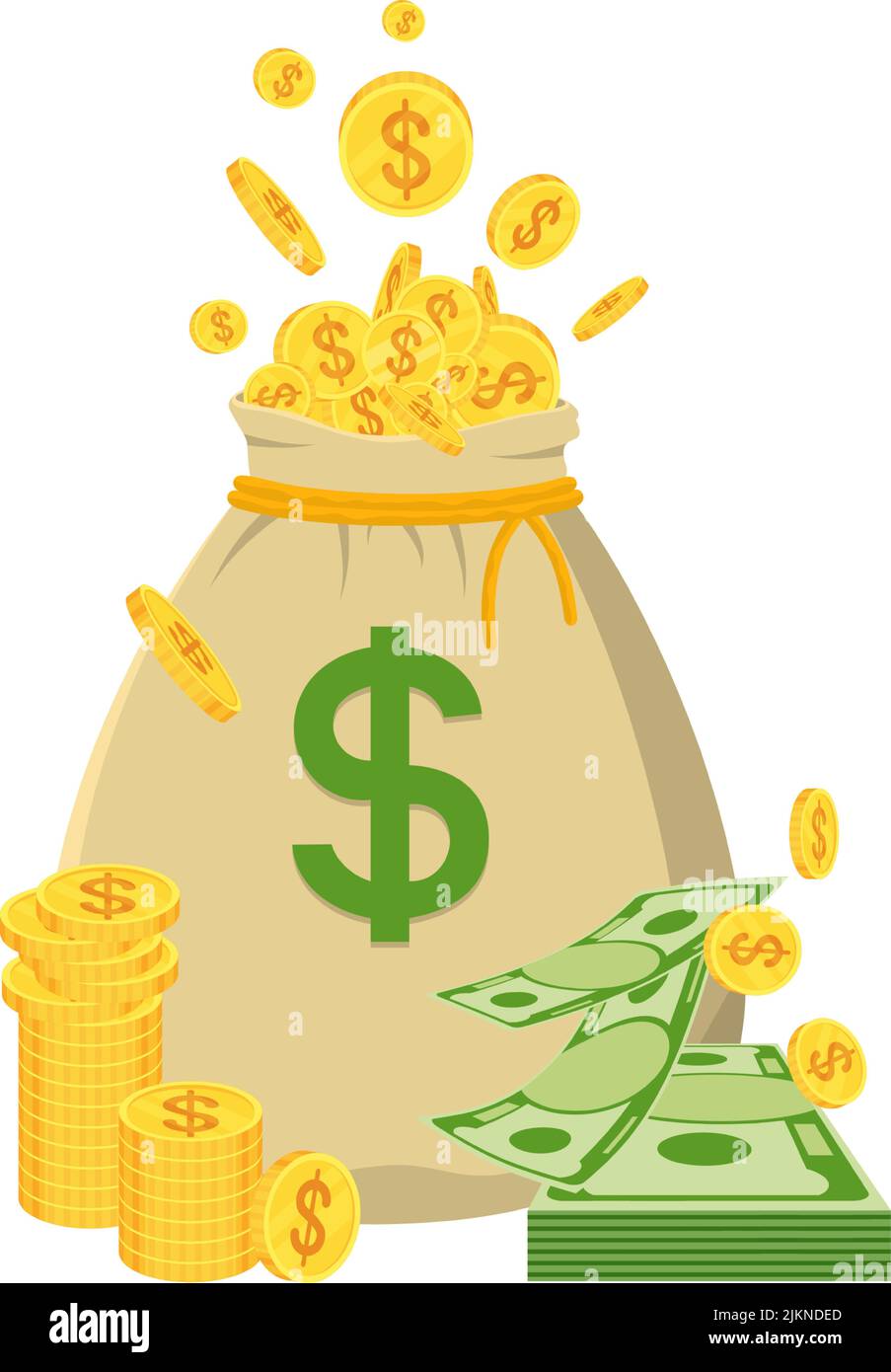 Vintage money bag and a pile of paper bills lie around it Stock Vector ...