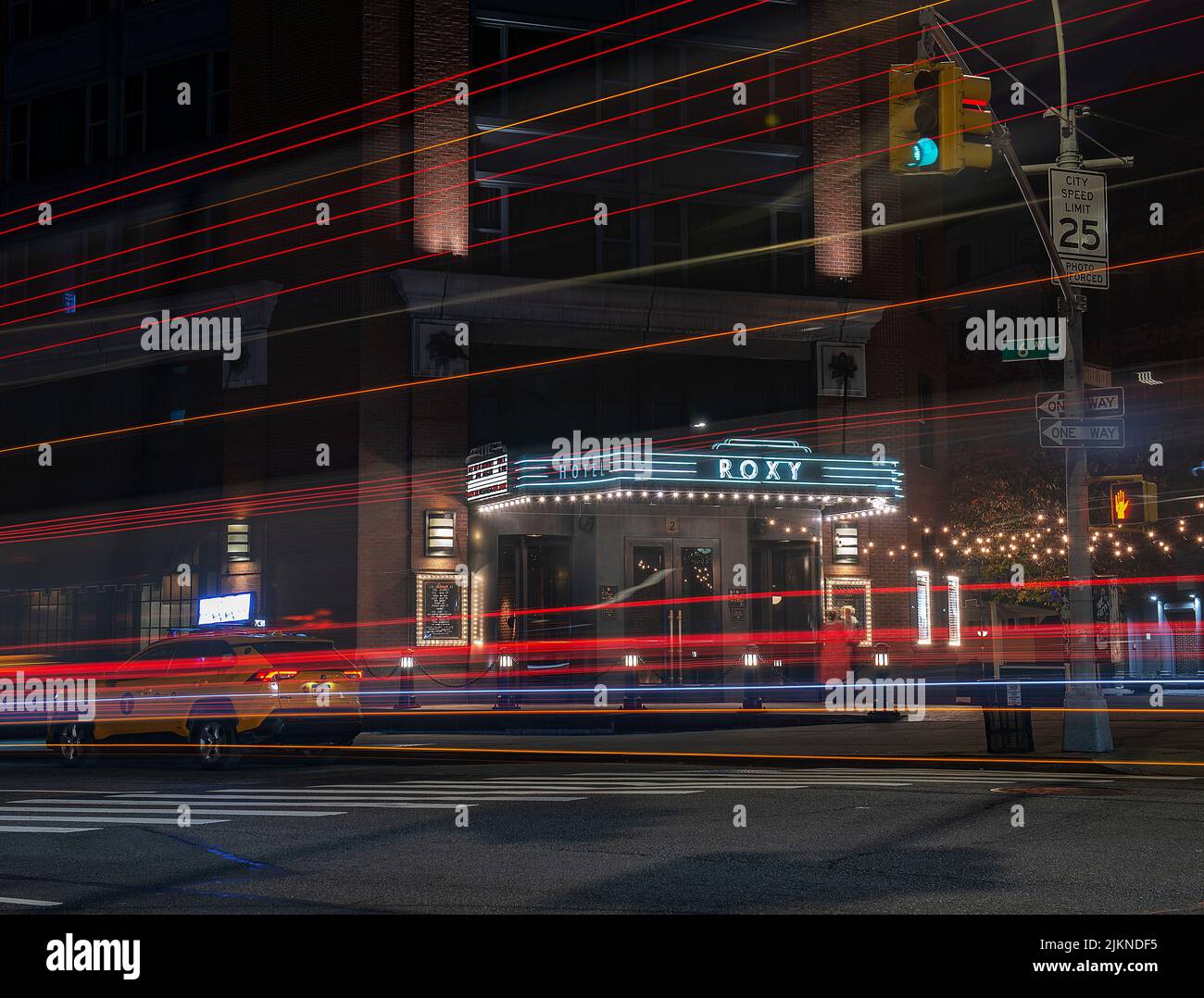 The famous Roxy Hotel at night with long exposure street in the ...