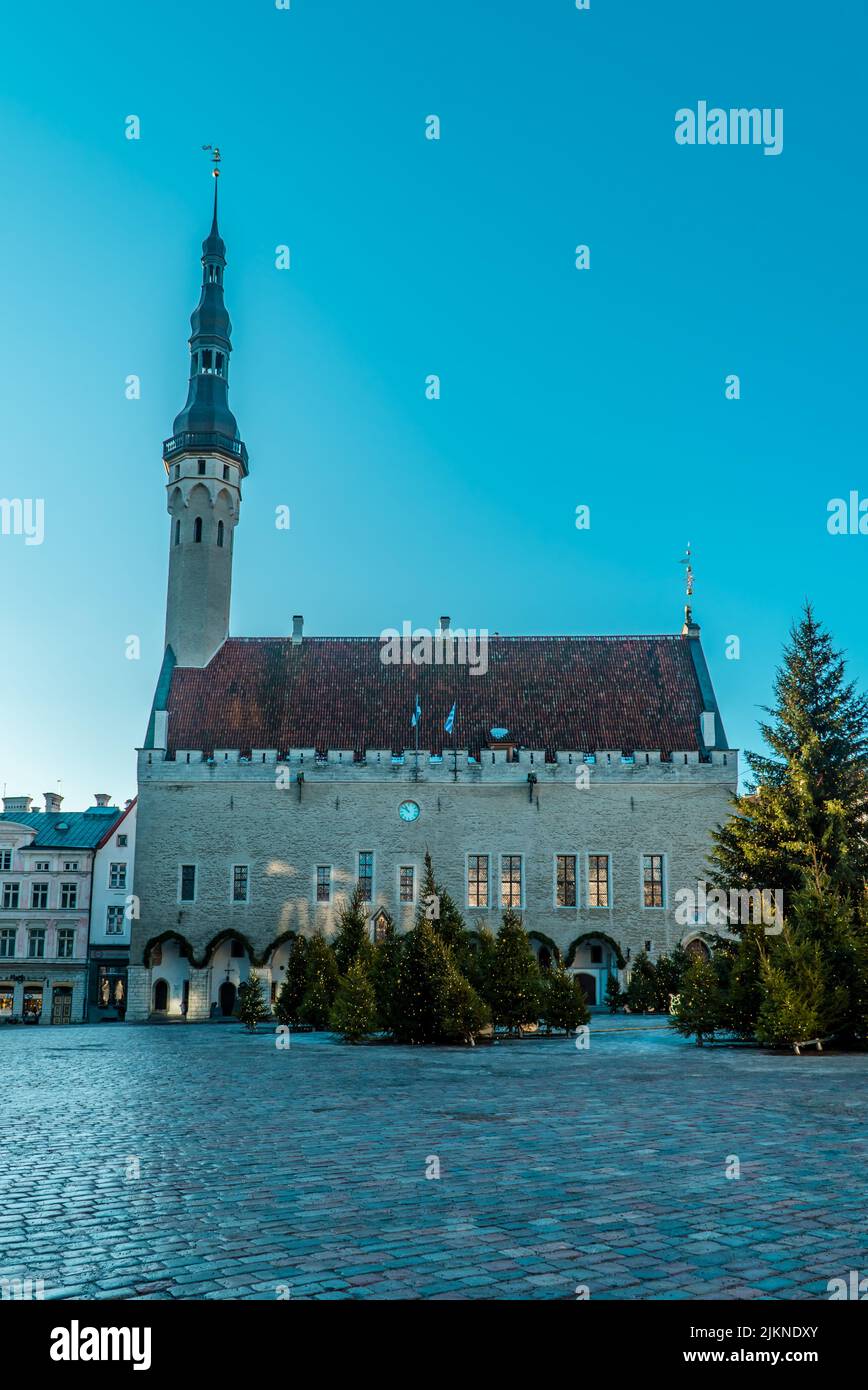 A vertical view of the medieval town hall building in the old town of ...