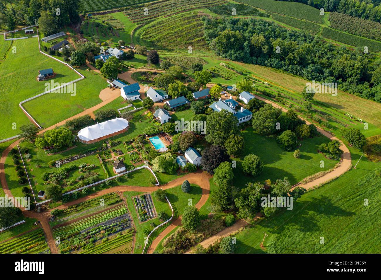An aerial view of rural ranch with planted field near to a dense forest ...
