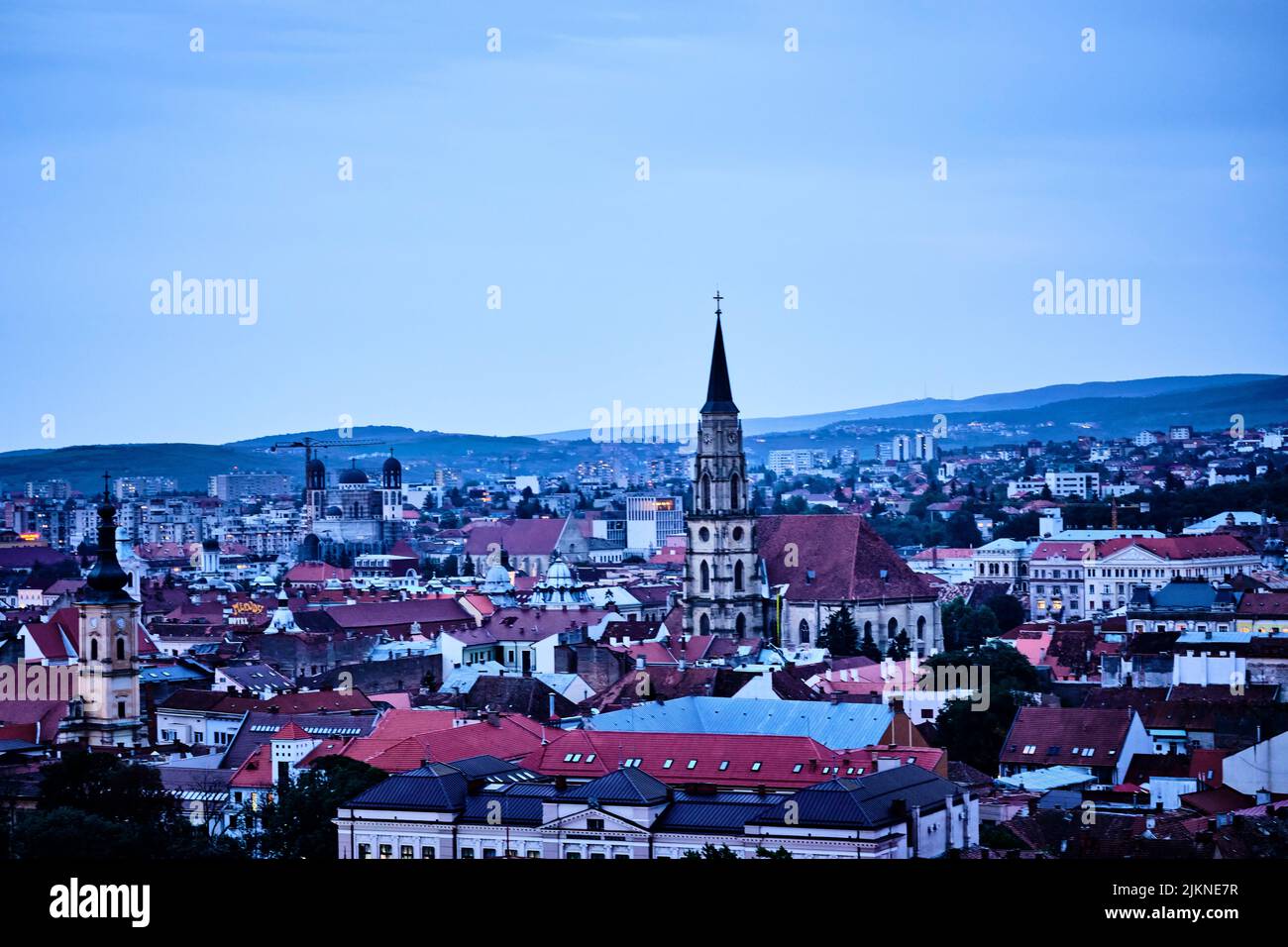 An aerial view of the historic skyline in the evening in Cluj, Romania ...