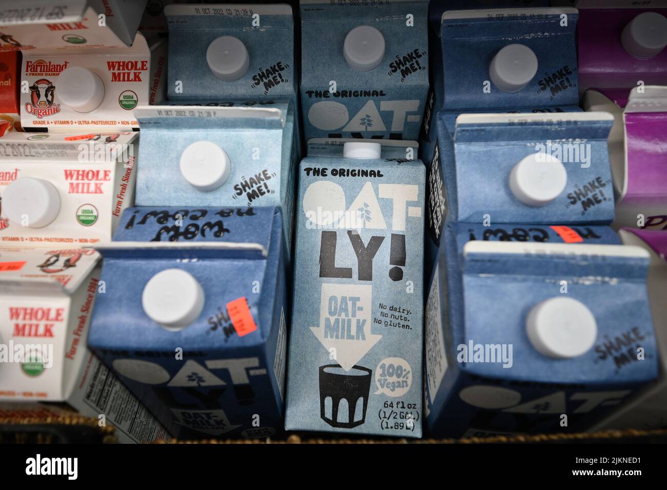 New York, USA. 02nd Aug, 2022. Cartons of Oatly milk seen in a ...