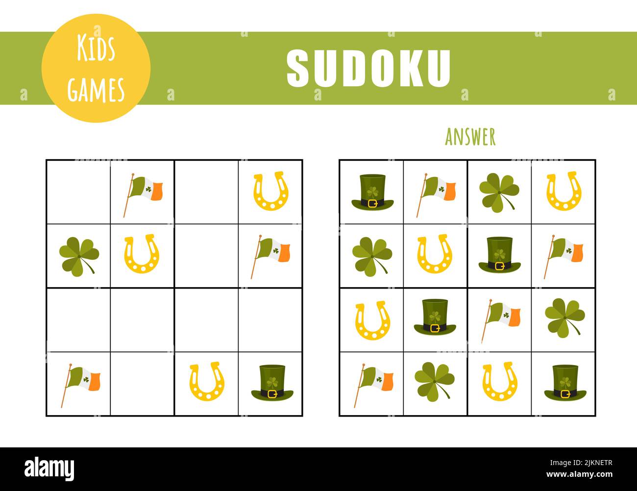Sudoku for kids. Children activity sheet. Puzzle game with St. Patrick ...