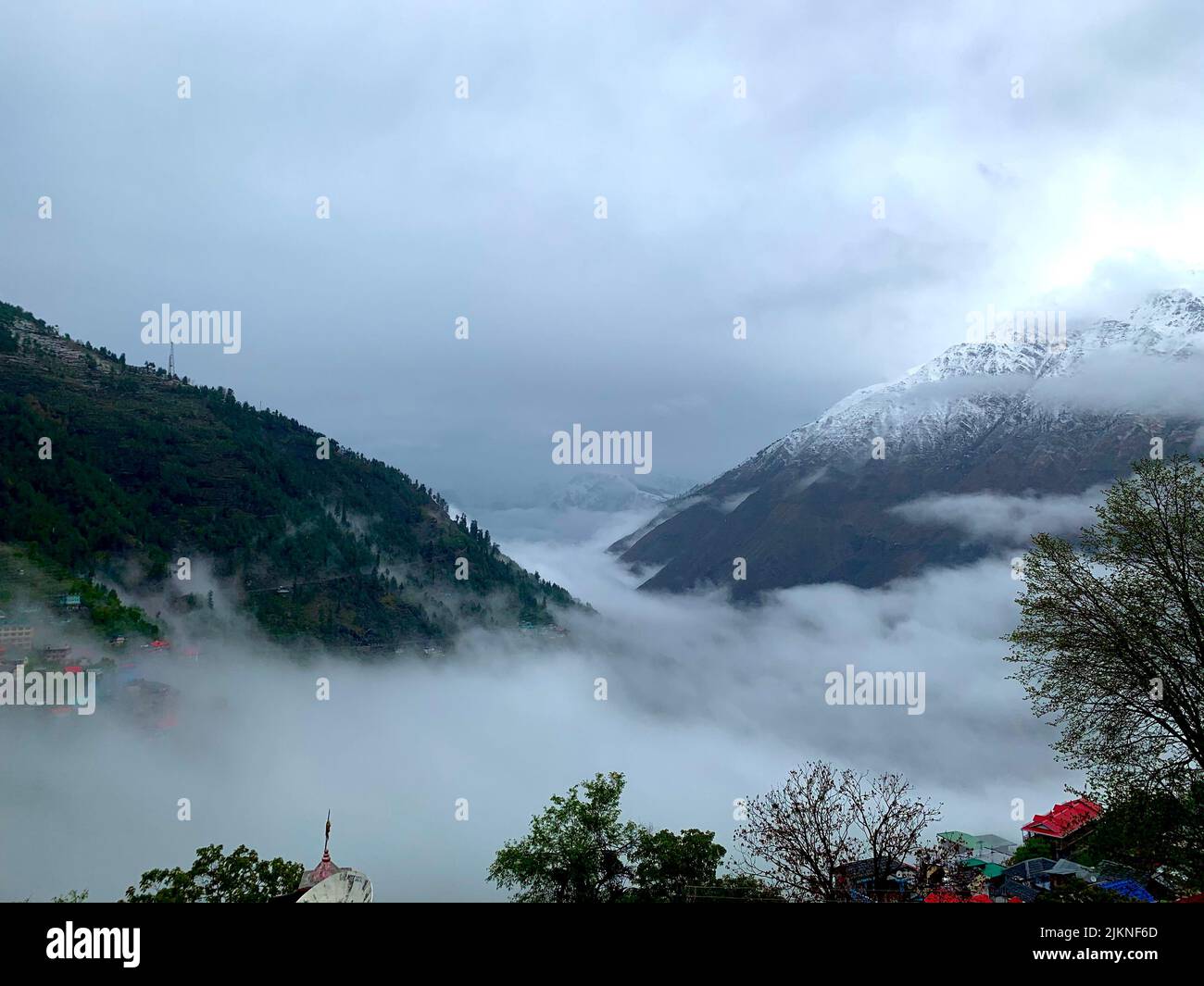 A high angle view of the small Himalayan town of Bharmour covered in ...
