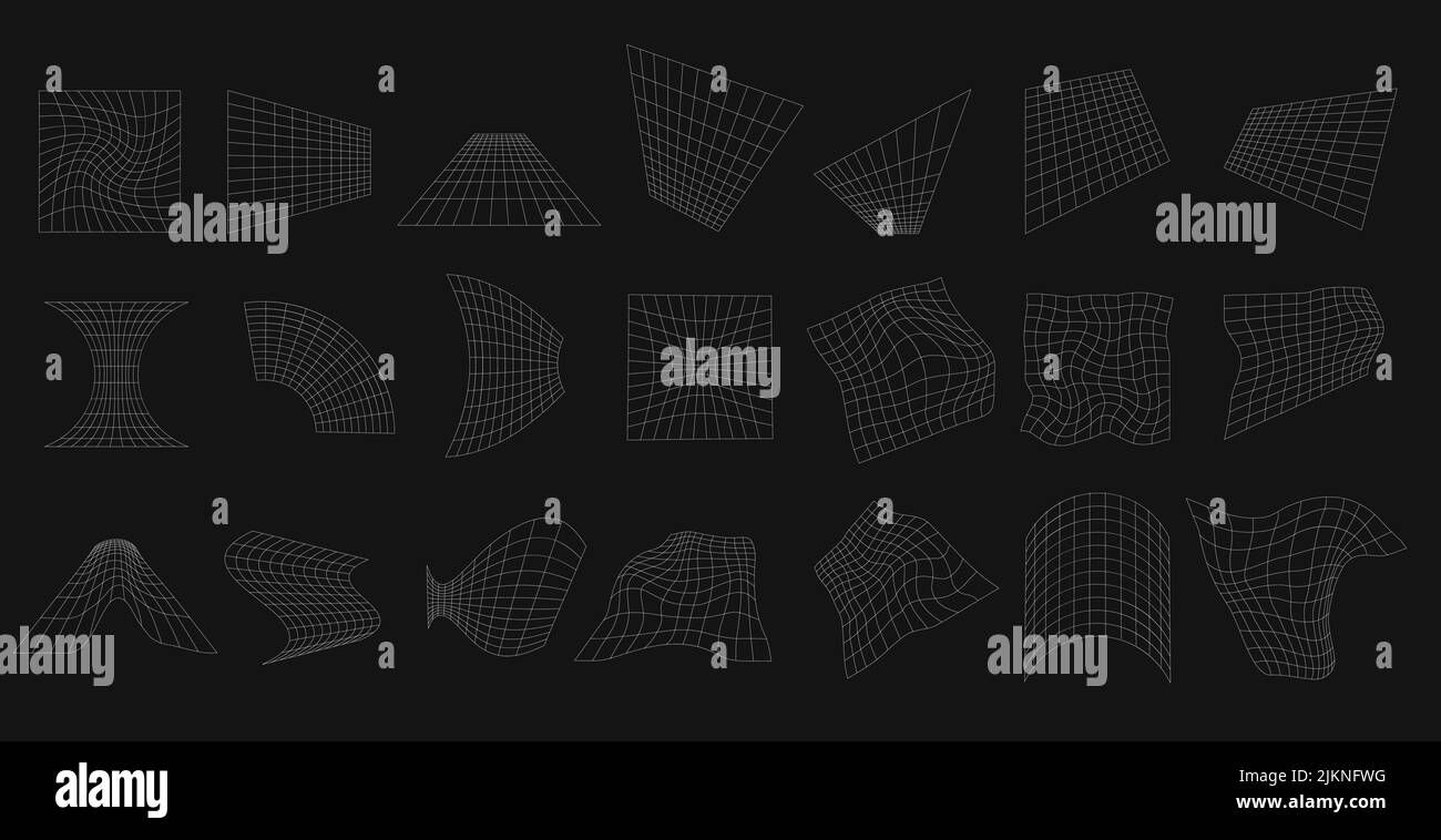 Geometric grids set. White lattice shapes with warp and distortion ...