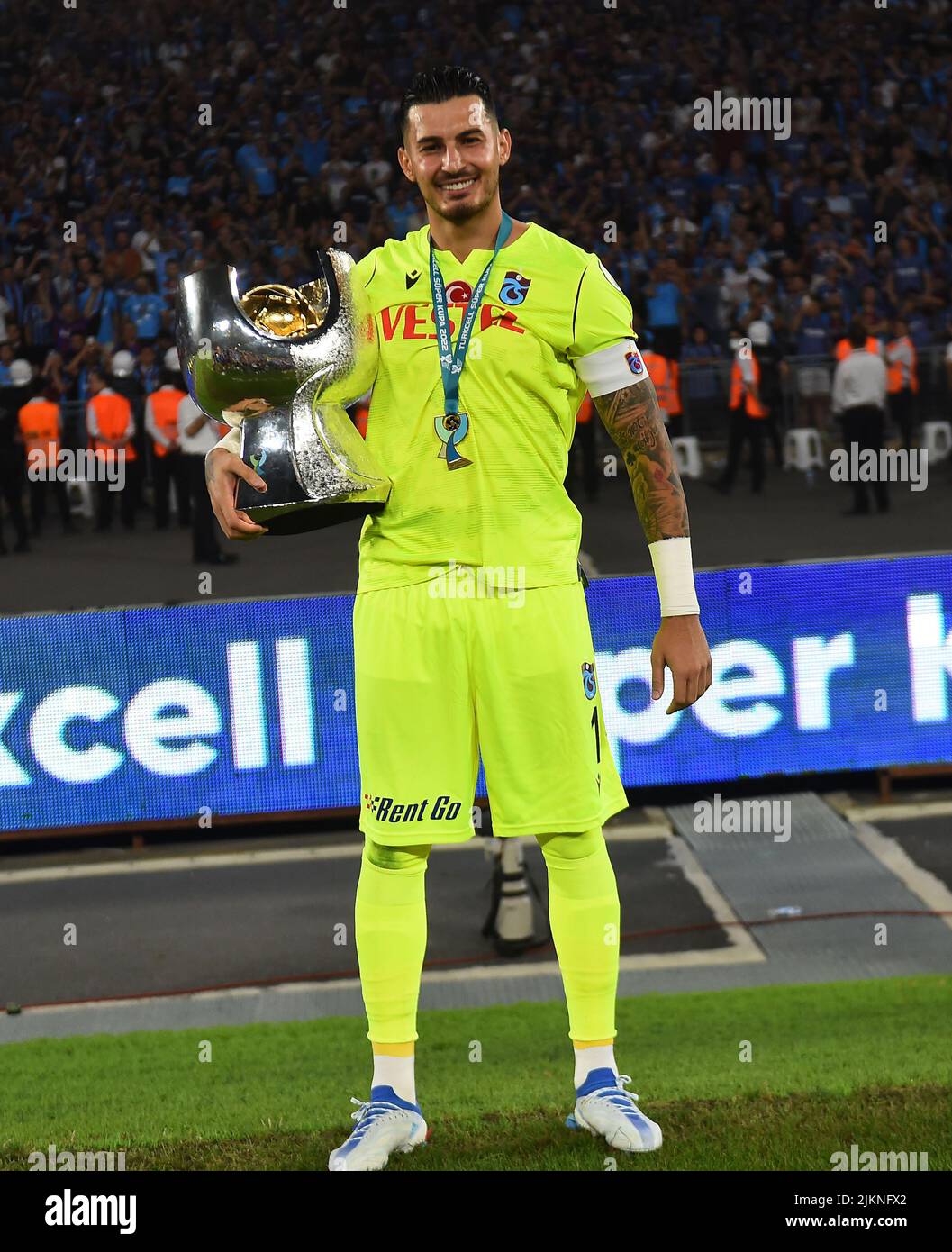 Trabzonspor's Goalkeeper Ugurcan Cakir poses with their trophy after ...