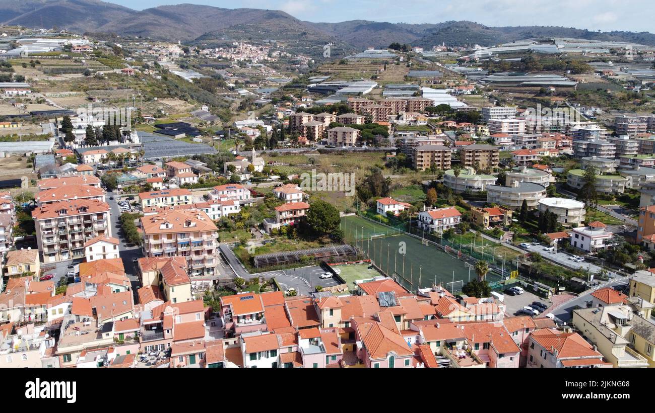 An aerial view of Riva Ligure city, Italy under the bright sunlight ...