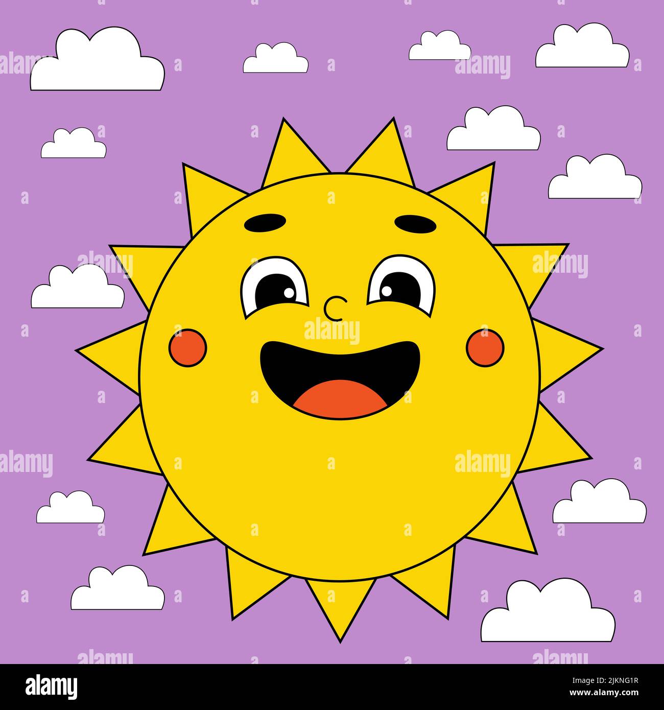 Funny cartoon character. Groovy element funky sun on an acid background ...