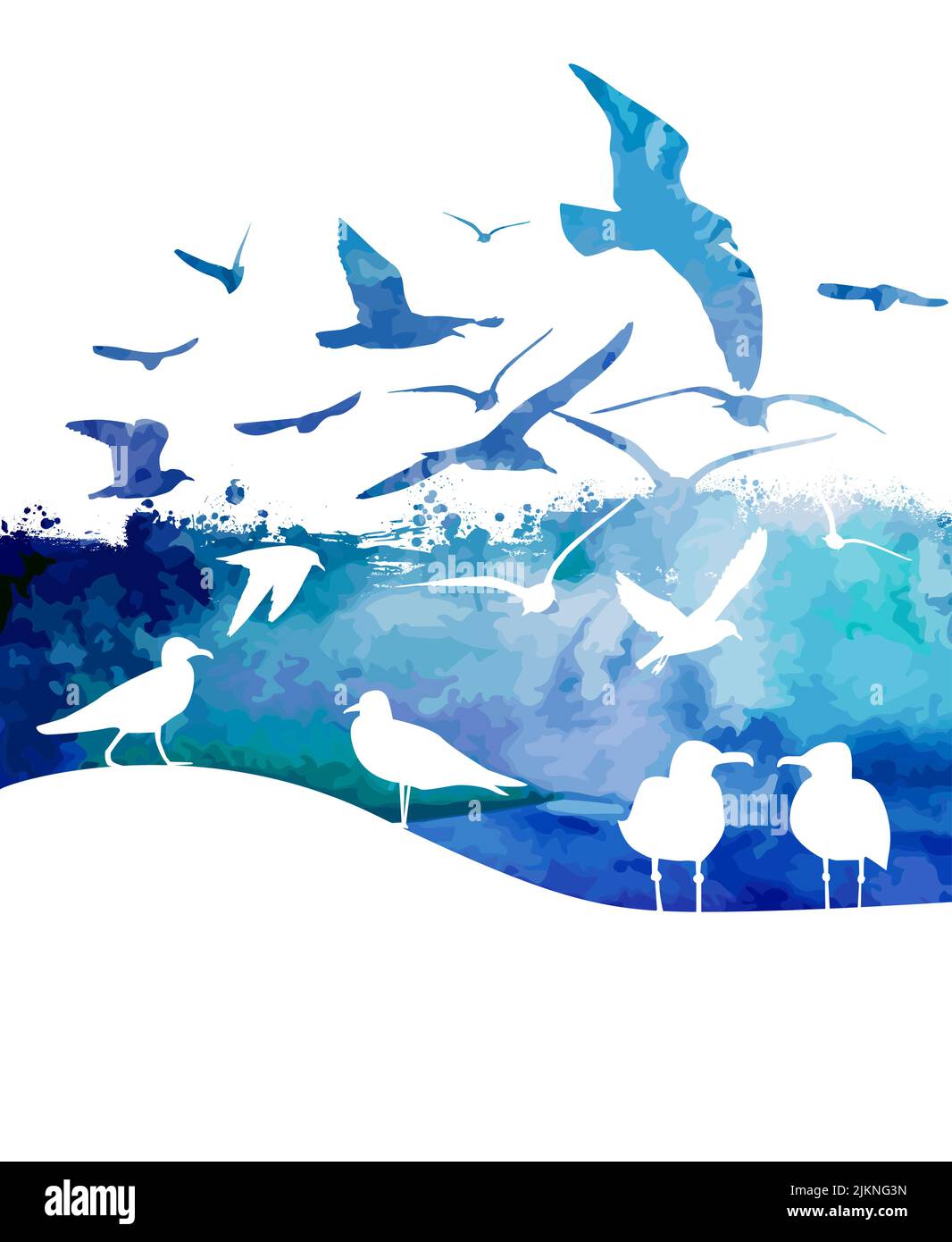 Flying blue watercolor seagulls. Vector illustration Stock Vector Image ...