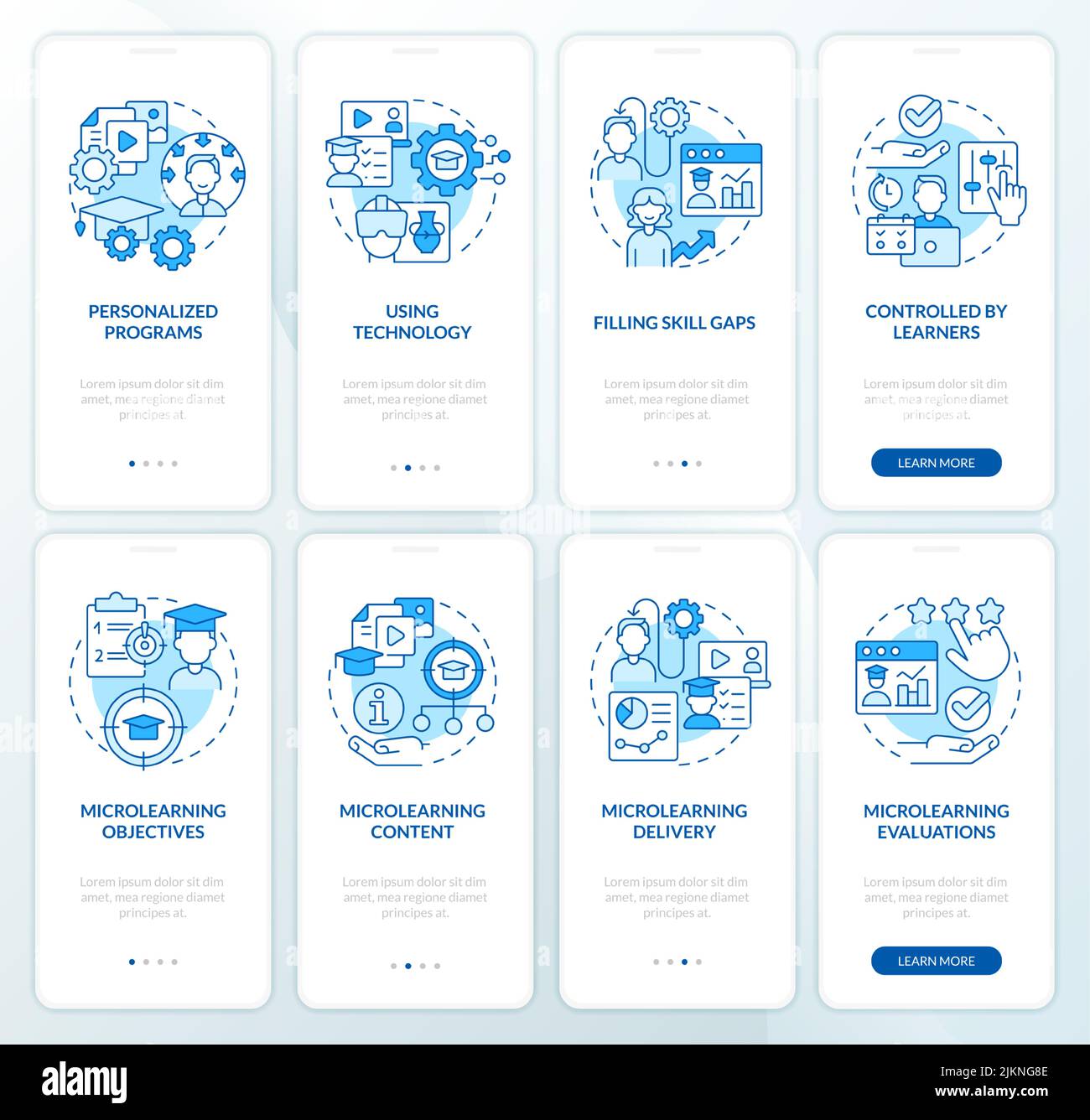 Microlearning Based Training Blue Onboarding Mobile App Screen Set