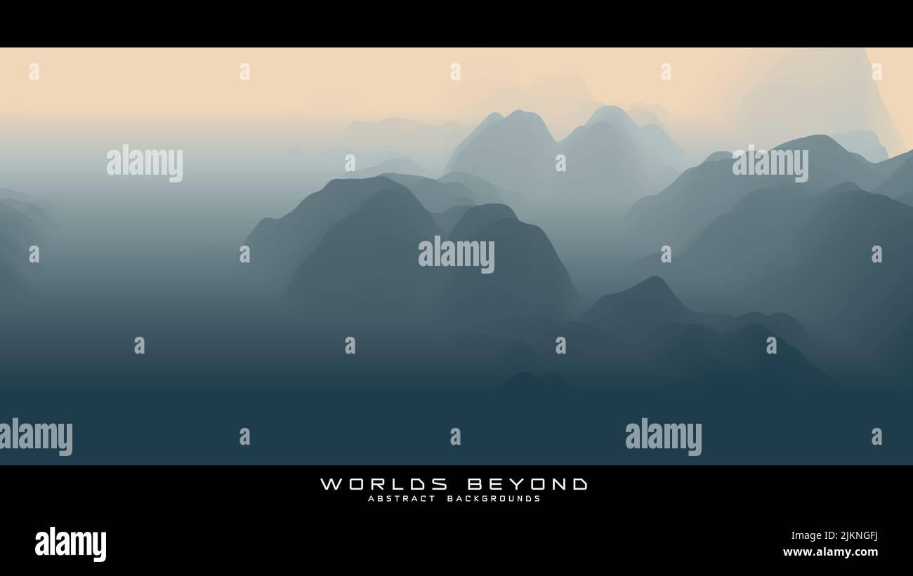 Abstract gray landscape with misty fog till horizon over mountain ...