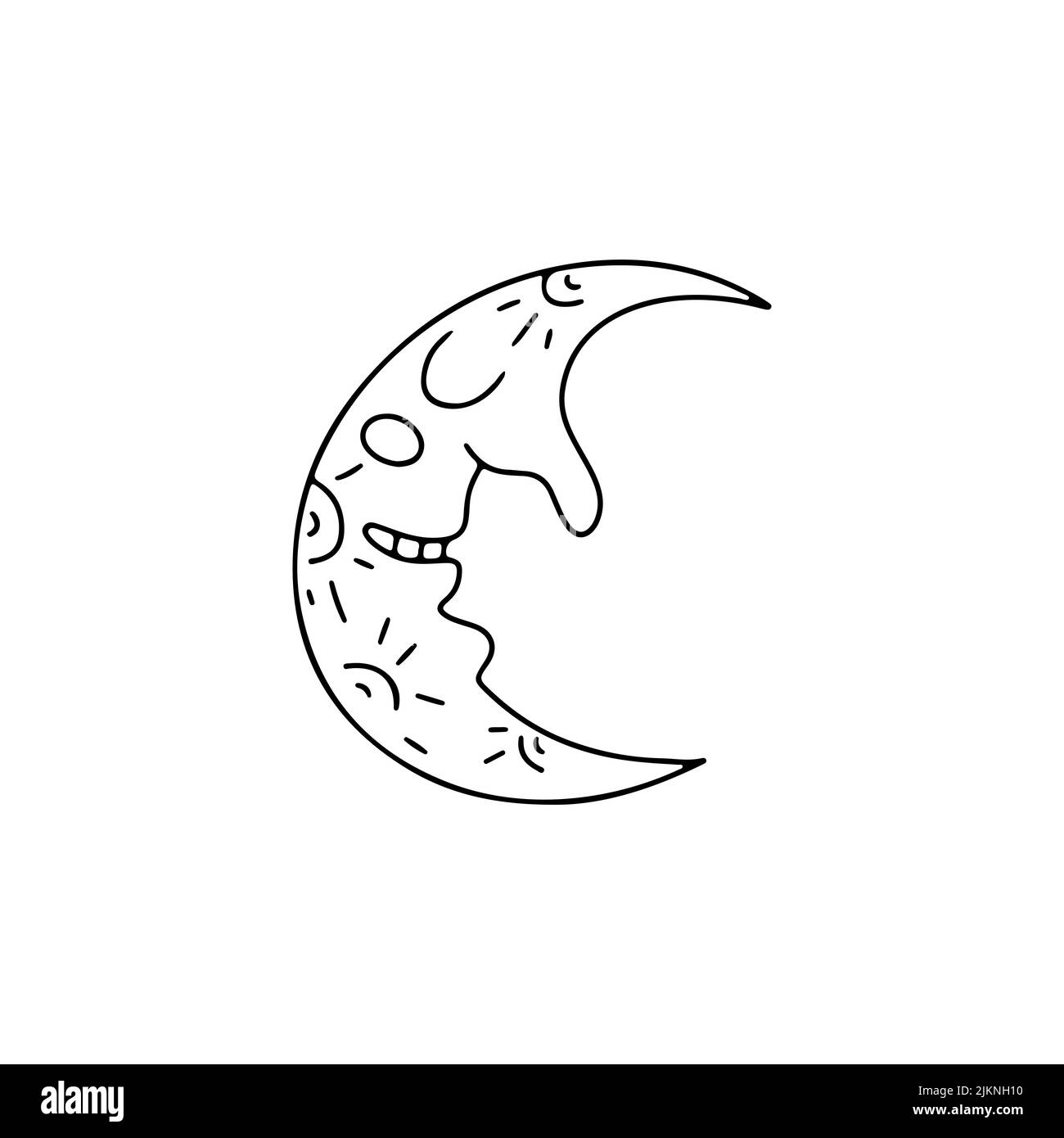 Half moon with human face. Hand drawn line art Halloween illustration ...