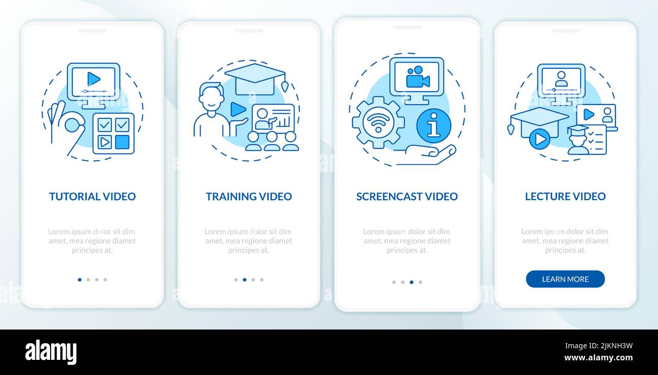 Microlearning Video Examples Blue Onboarding Mobile App Screen Stock