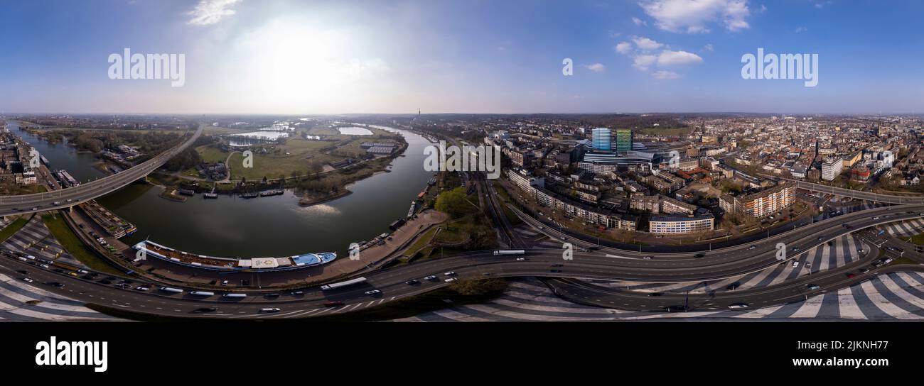 Aerial full 360 degrees panorama of Arnhem intersection roundabout ...