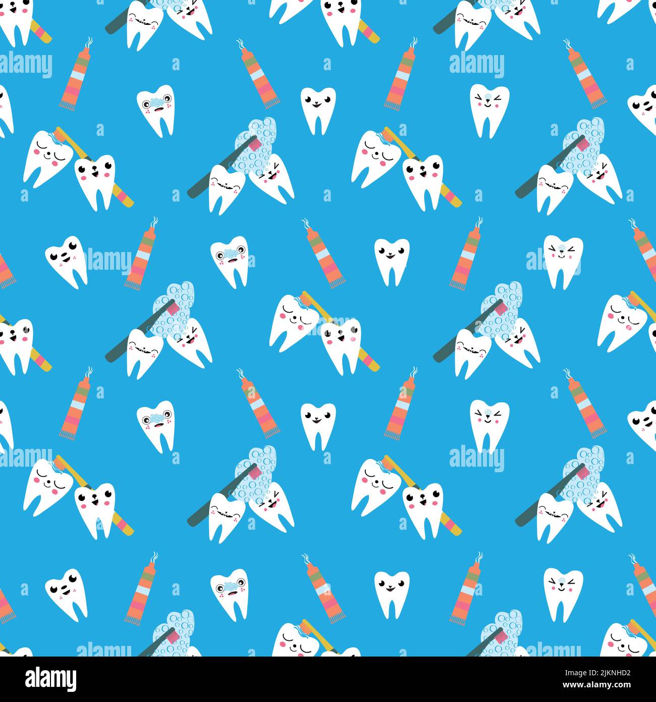 Kawaii tooth kids dental care vector educational seamless pattern ...