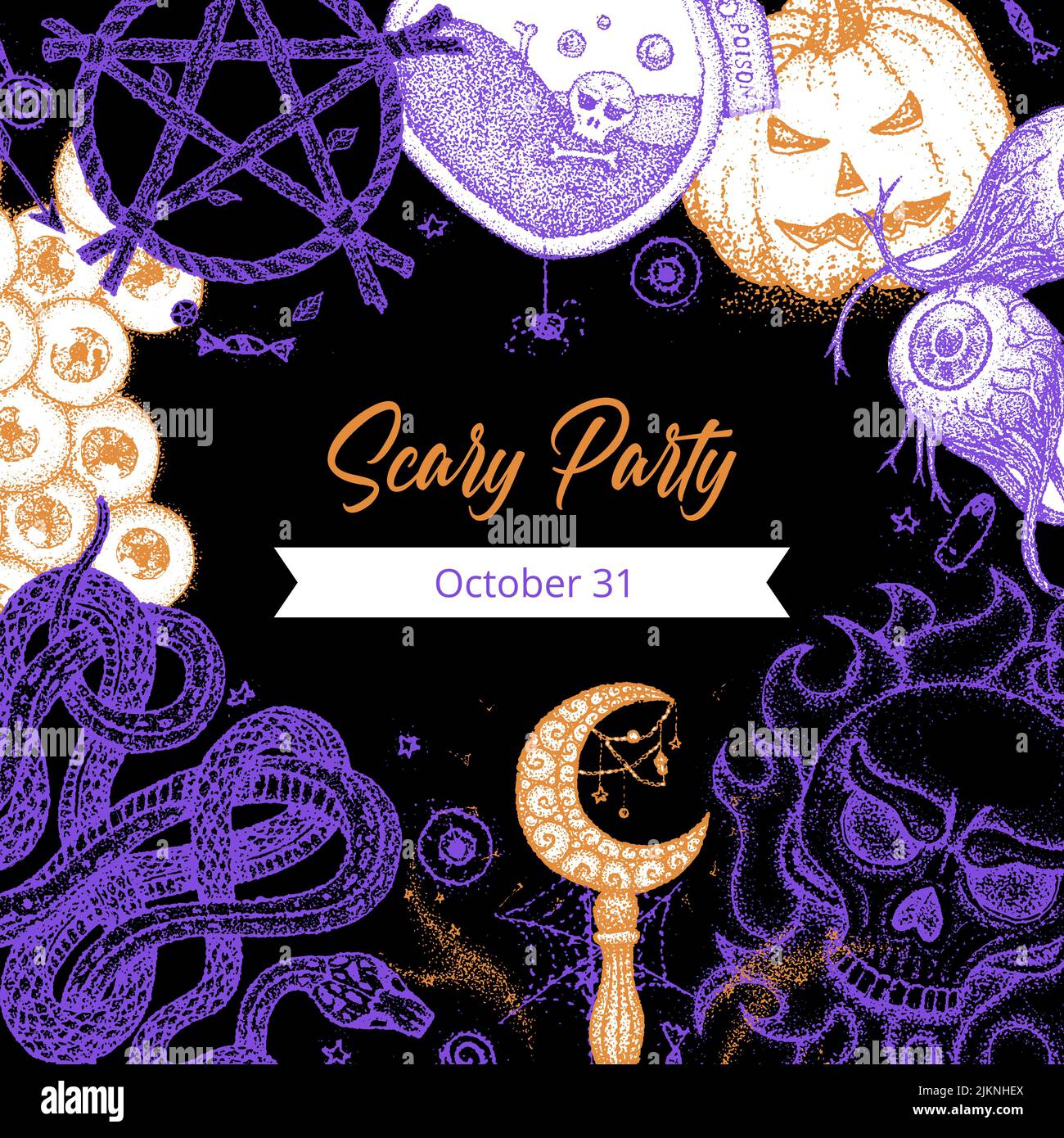Scary Party Dotwork Poster. Vector Illustration of Handdrawn Tattoo ...