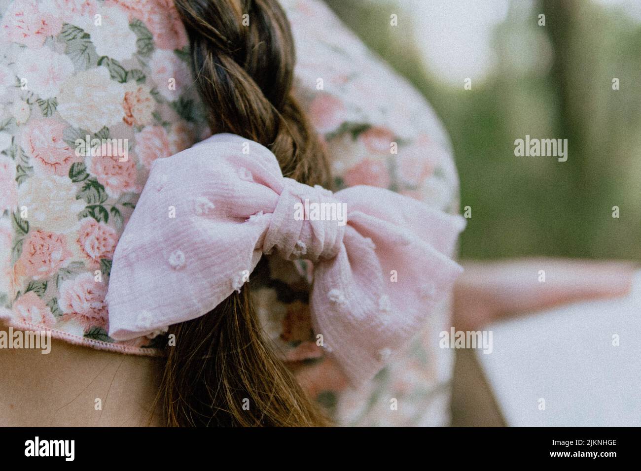 A female in a floral dress with braided hair and a pink ribbon Stock ...