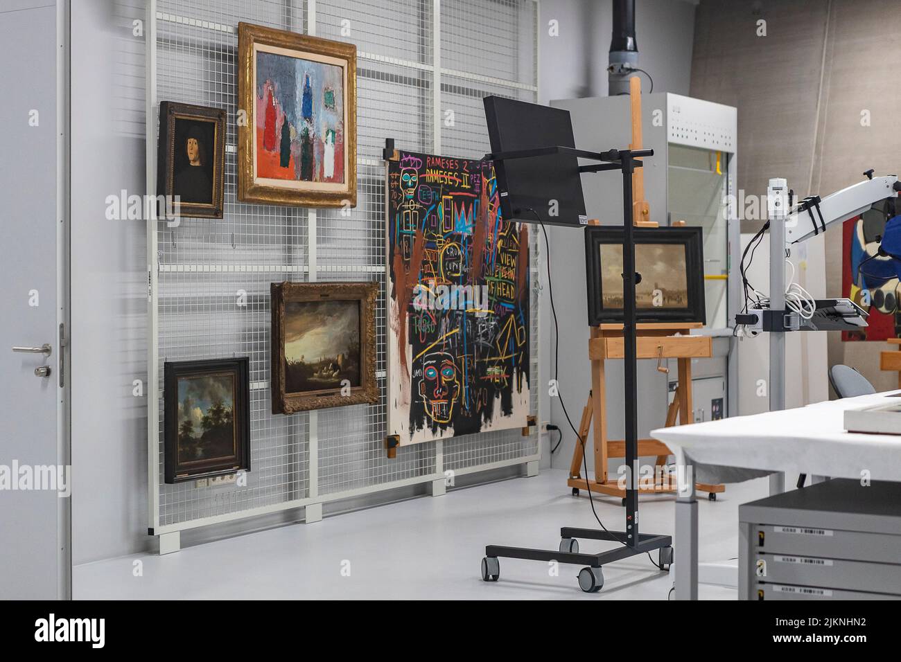 Artworks on display in restoration workshop atelier waiting for ...