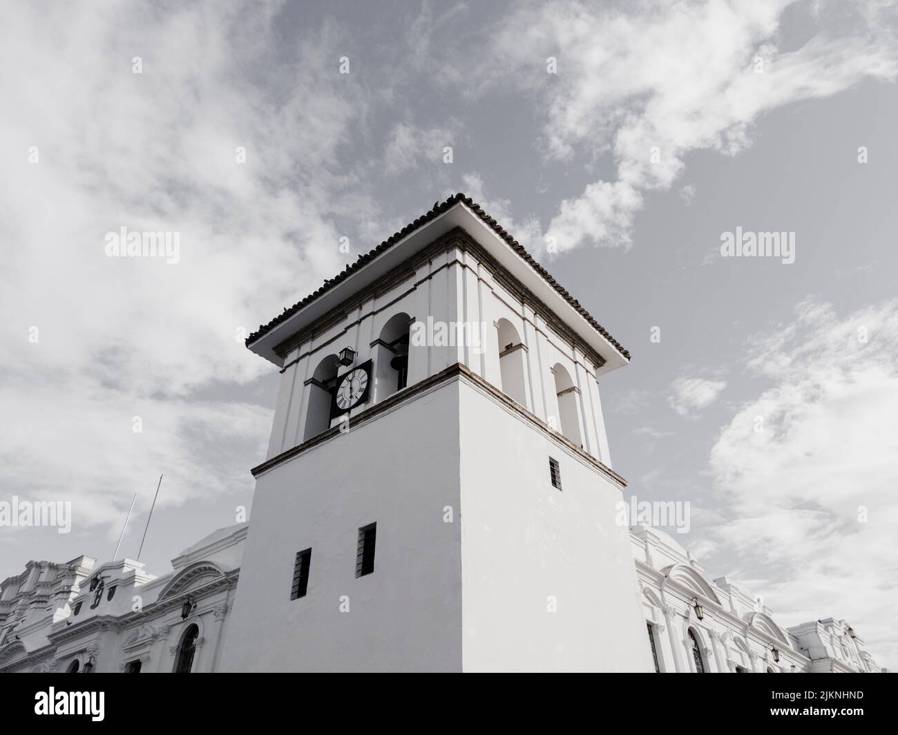 a low angle shot of Torre del Reloj Local history museum in Popayan ...