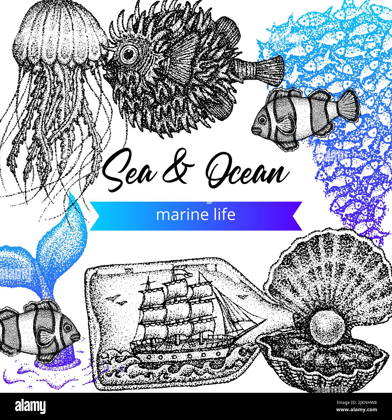 Sea Ocean Dotwork Poster. Vector Illustration of Handdrawn Tattoo ...