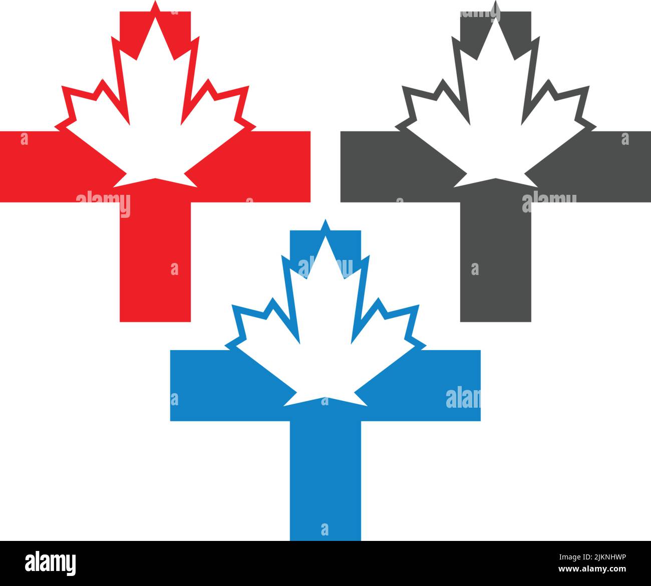A red, blue and black crosses with maple leaves isolated on a white ...