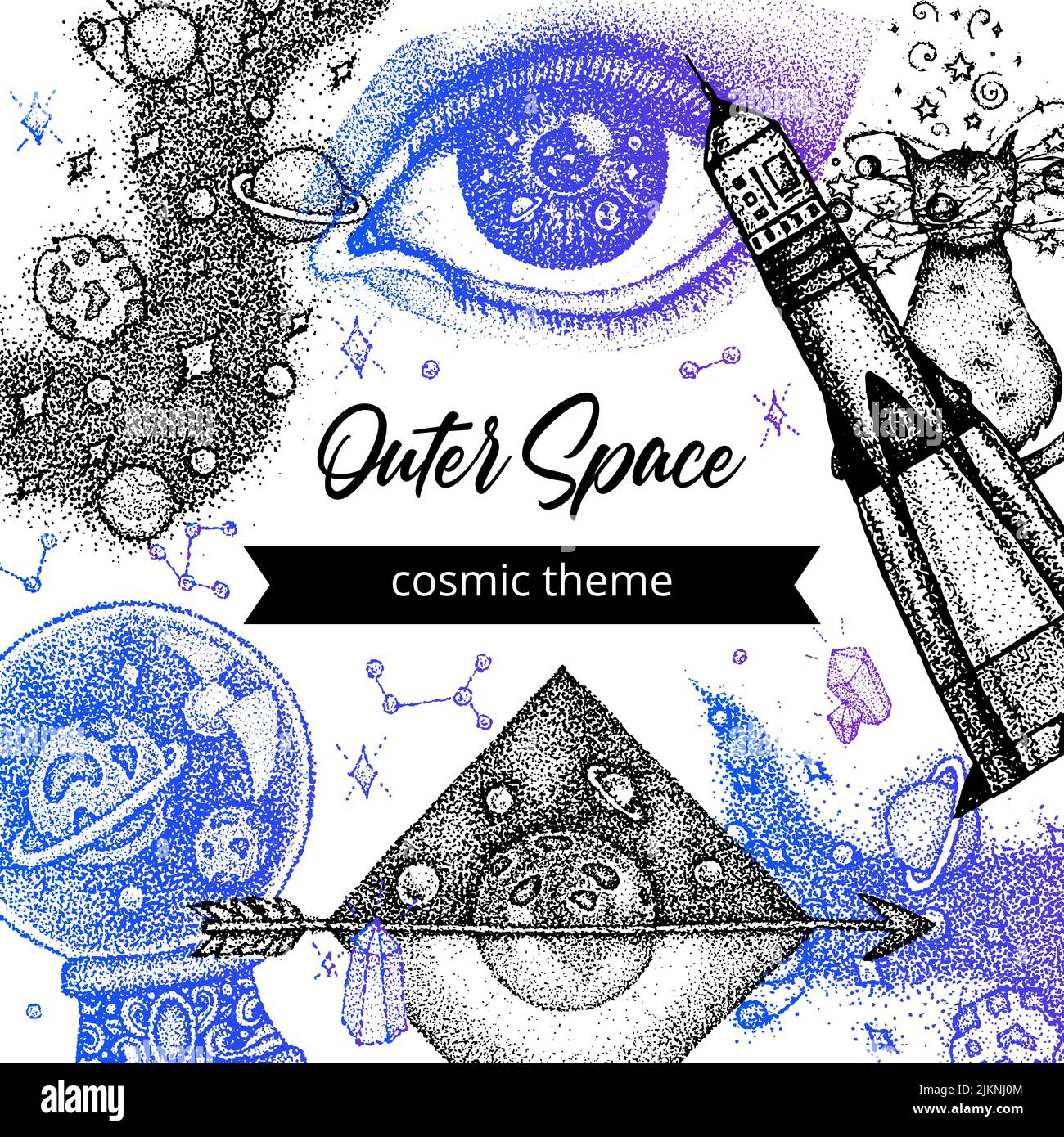 Outer Space Dotwork Poster. Vector Illustration of Handdrawn Tattoo ...