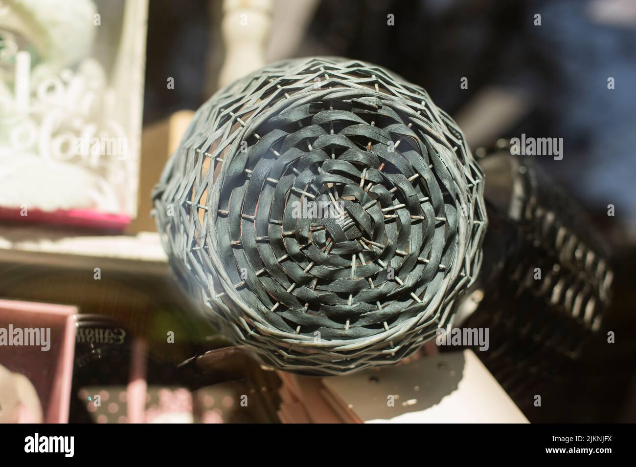 Green wicker basket. Interior details. Basket woven from dry plants ...