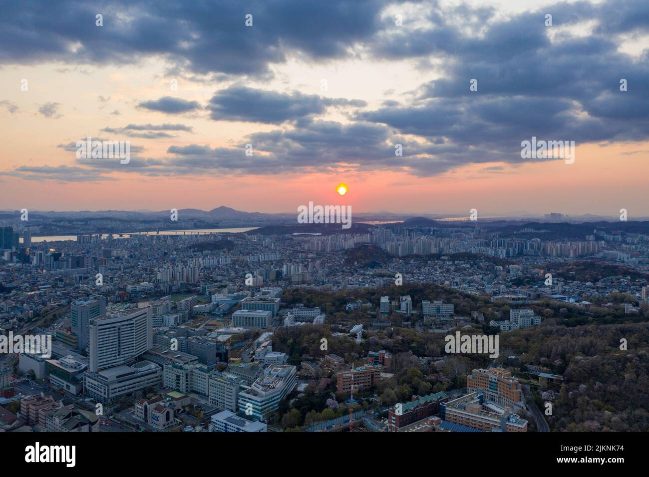 An aerial view of Seoul cityscape captured at sunset in spring Stock ...