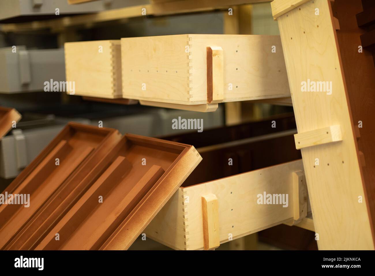 Production of wood boxes. Boxes in workshop. Wood processing shop ...