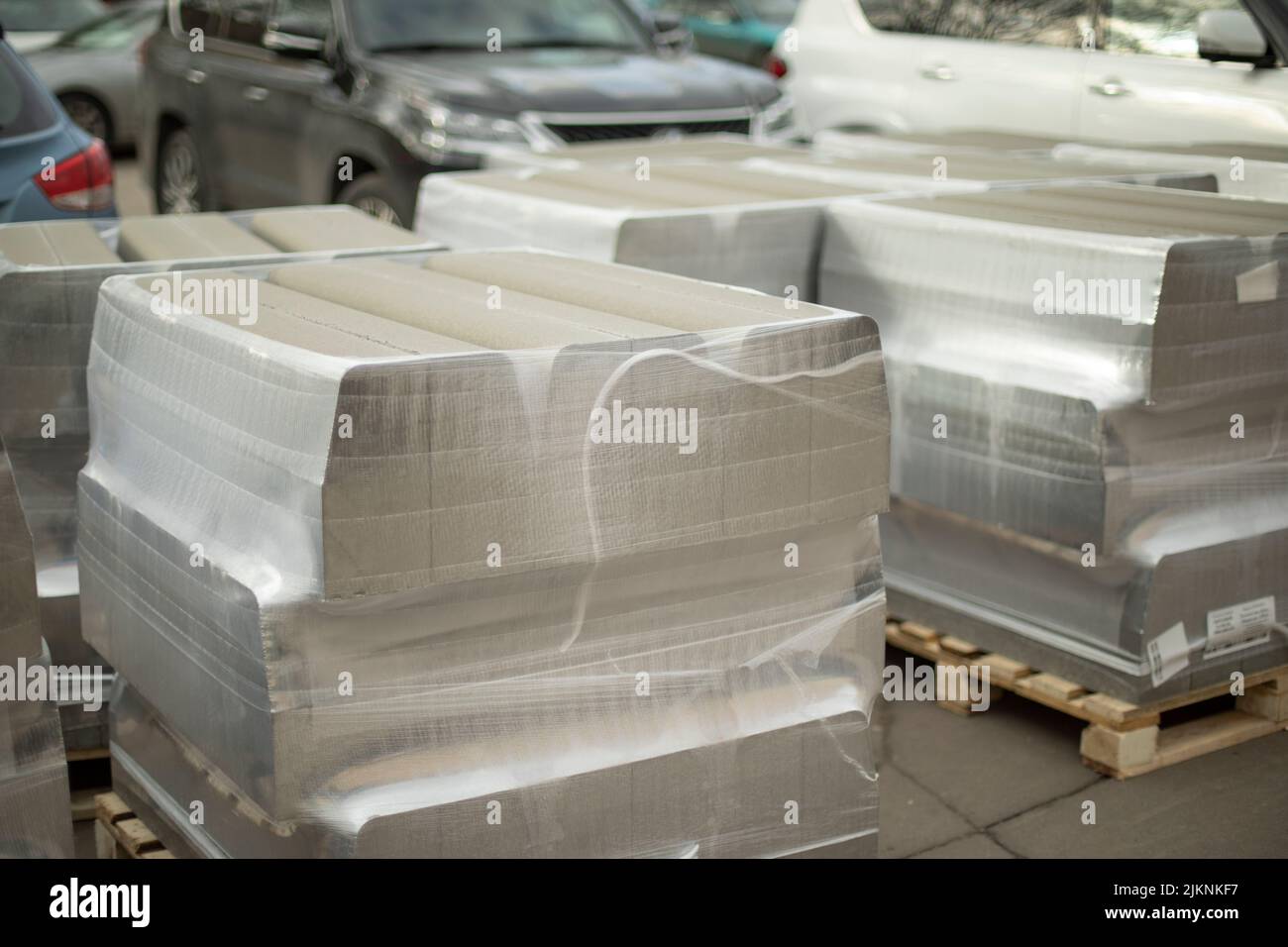 New drills on street. Building material for road reconstruction. Curbs ...