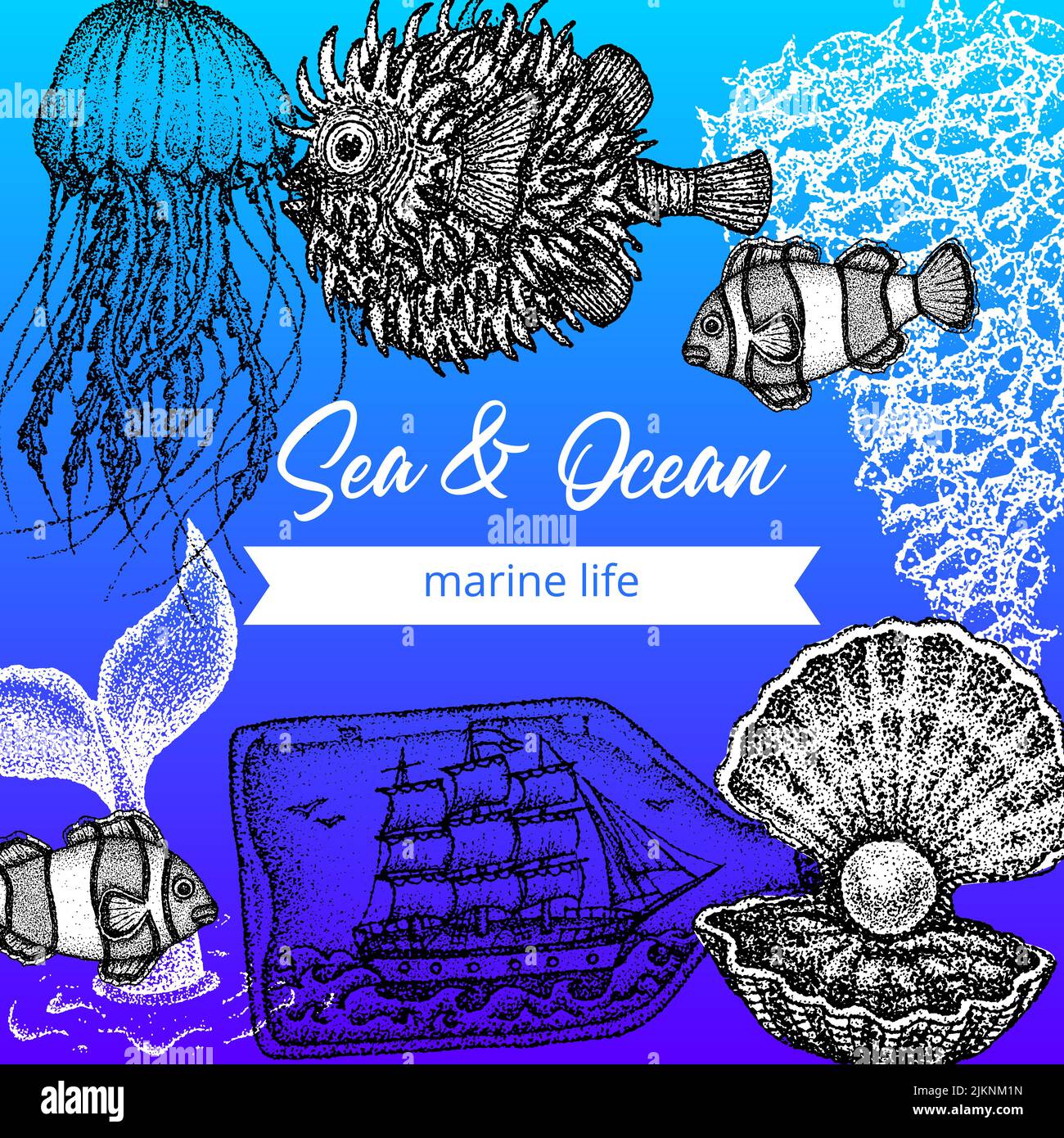 Ocean Sea Dotwork Poster. Vector Illustration of Handdrawn Tattoo ...