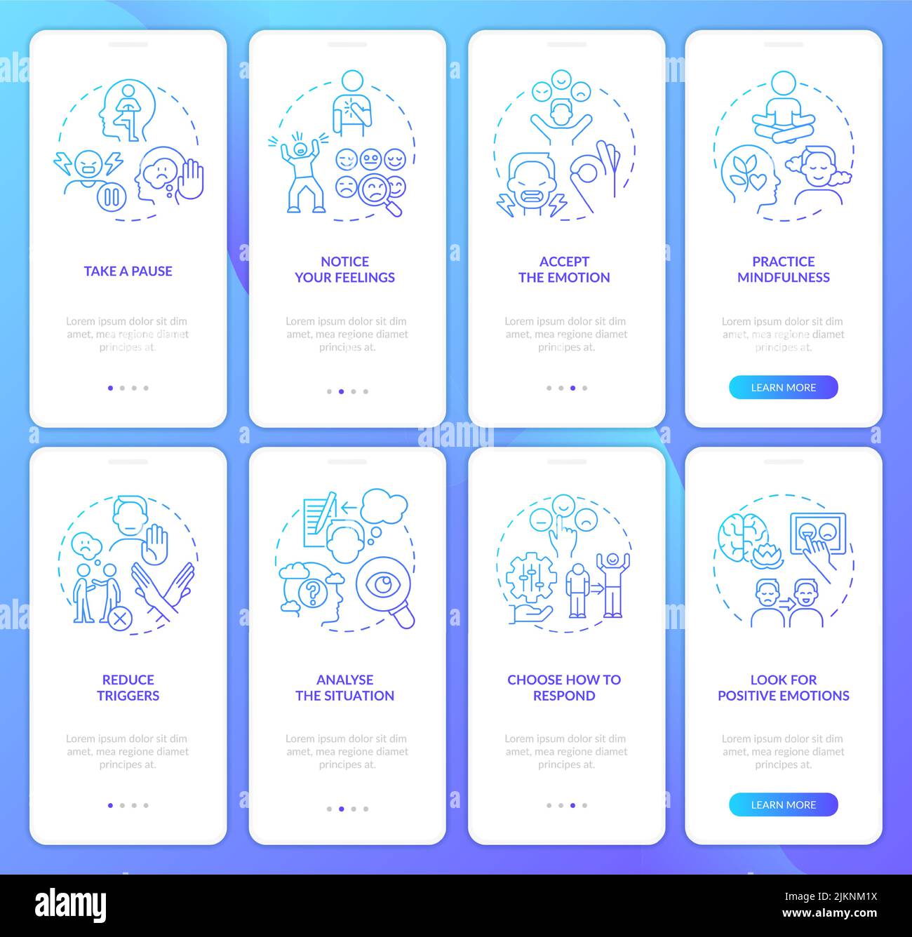 Emotional Regulation Blue Gradient Onboarding Mobile App Screen Set