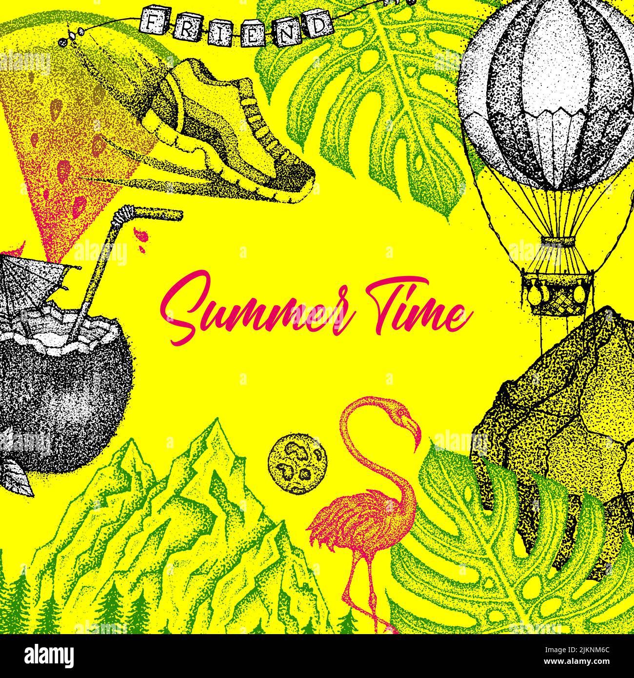 Summer Time Dotwork Poster. Vector Illustration of Handdrawn Tattoo ...