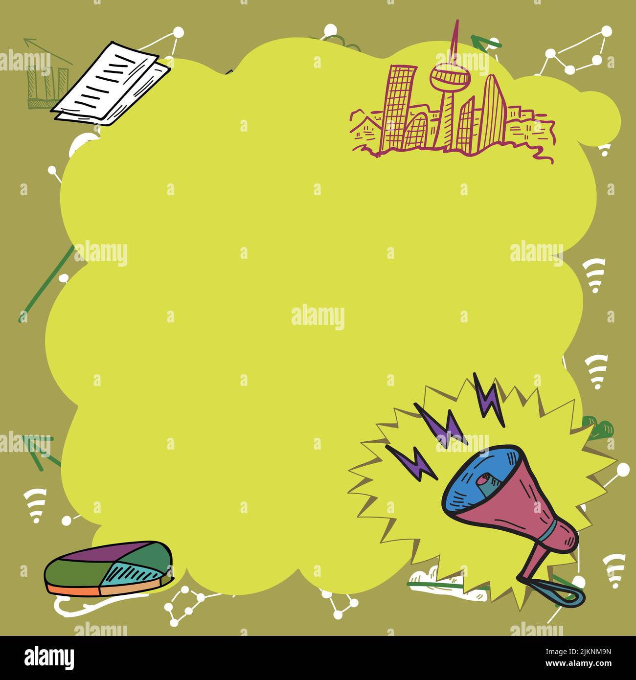 Important Messages Presented In Frame With Megaphone, Chart And Skyline ...