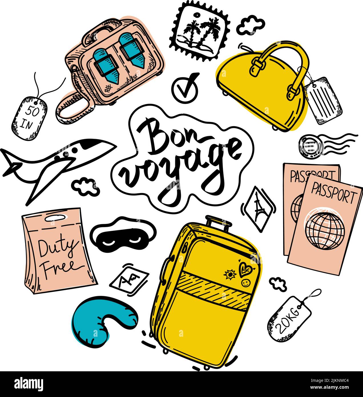 Set of objects for travel, flight, hand-drawn in sketch style. Hand ...
