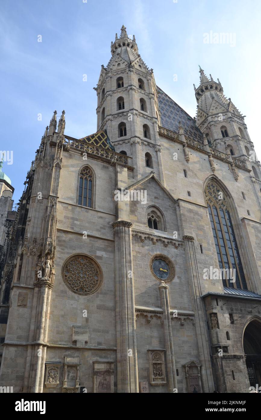 A low-angle shot of the facade of Saint Stephen's Cathedral in Vienna ...