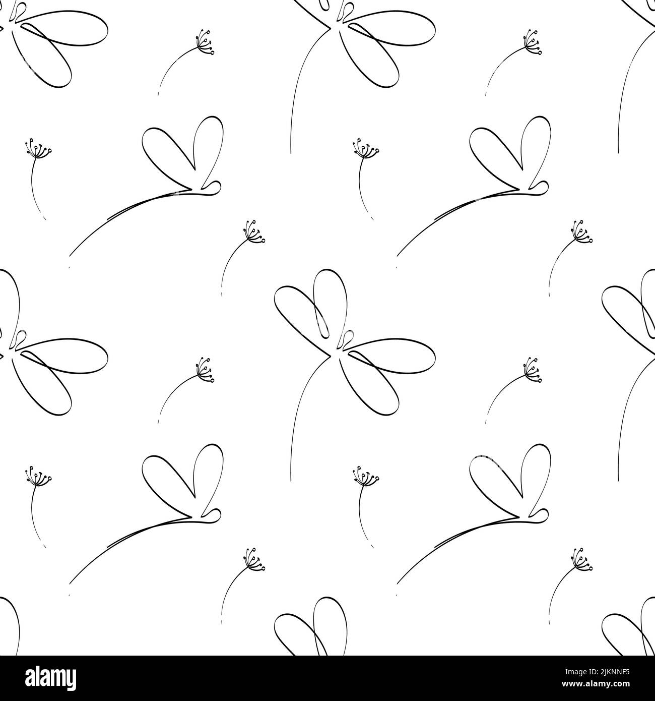 A seamless pattern of stylized dragonflies, hand-drawn doodles. Single ...