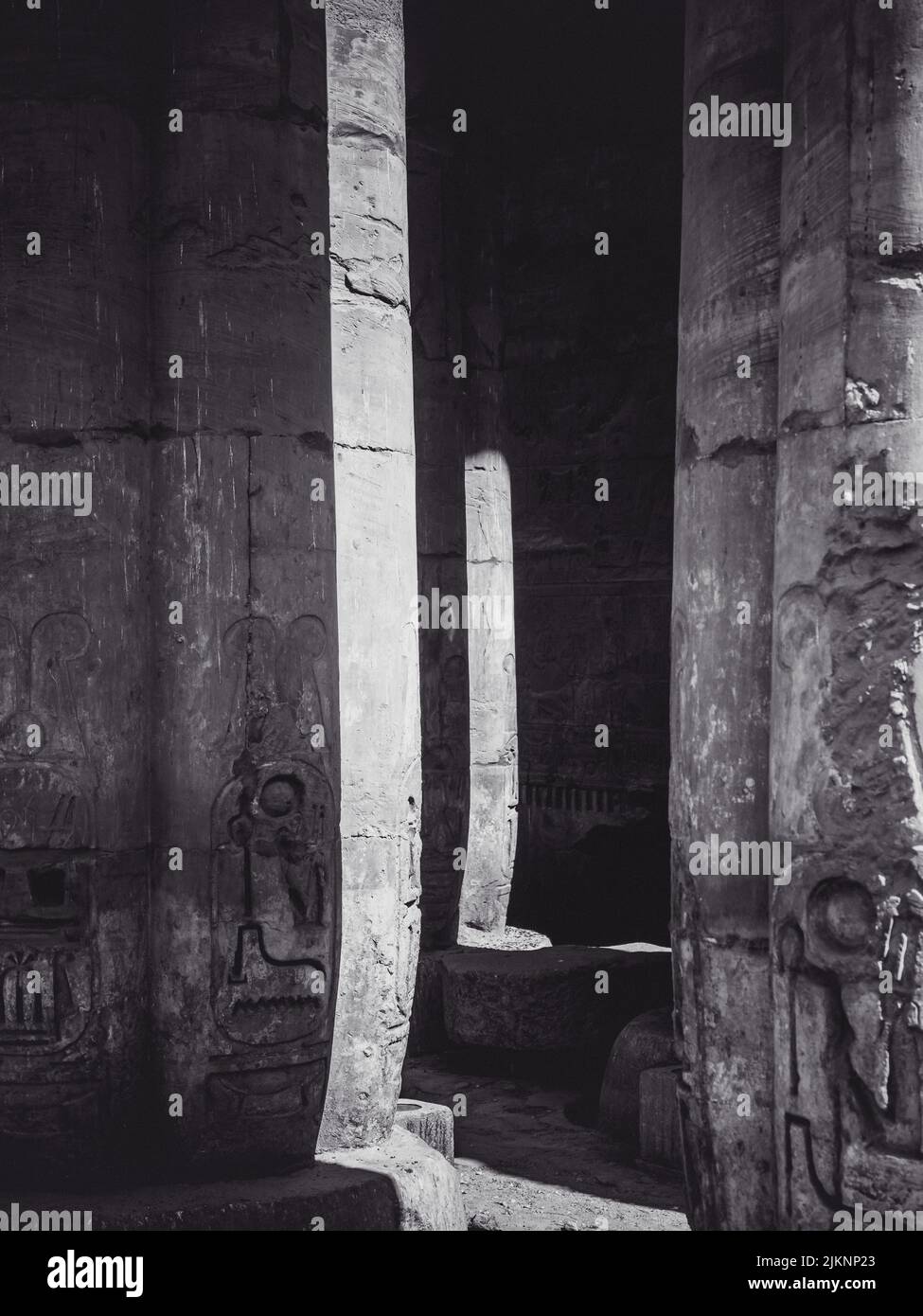 A vertical grayscale shot of the remnants of the columns in the ...