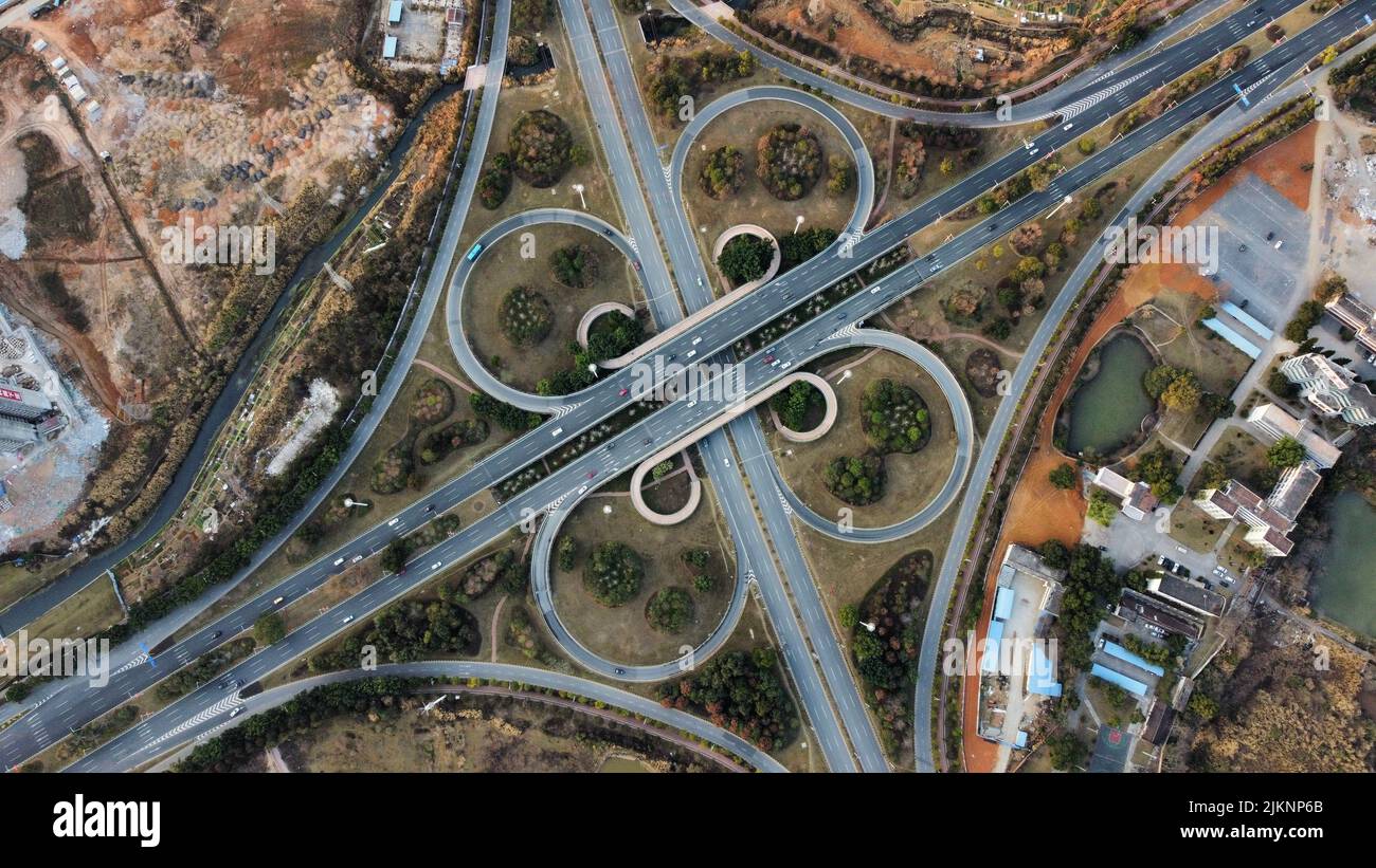 An aerial view of road junction during the daytime Stock Photo - Alamy