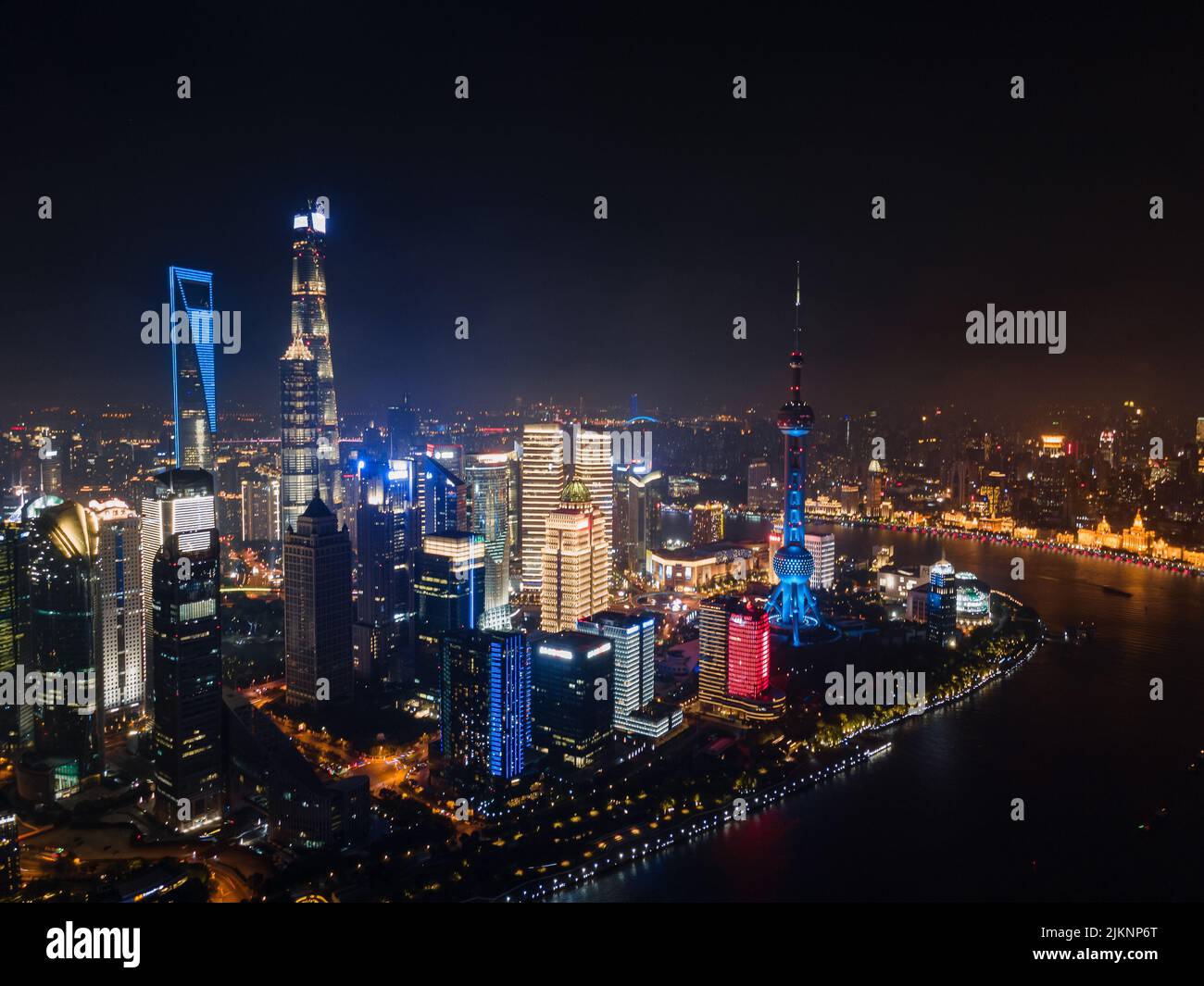An aerial view of Shanghai buildings at night in China Stock Photo - Alamy