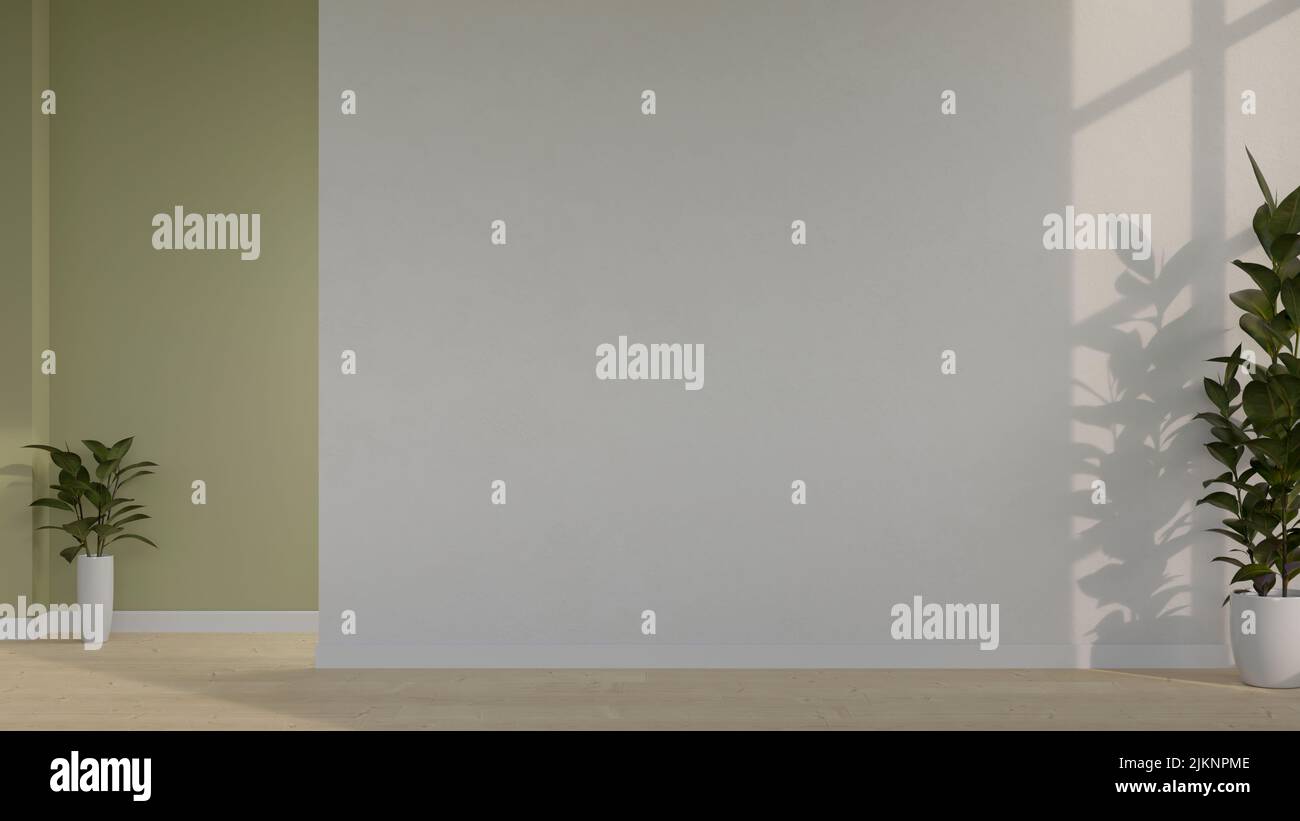 Minimal empty living room with indoor plants and copy space on wooden ...