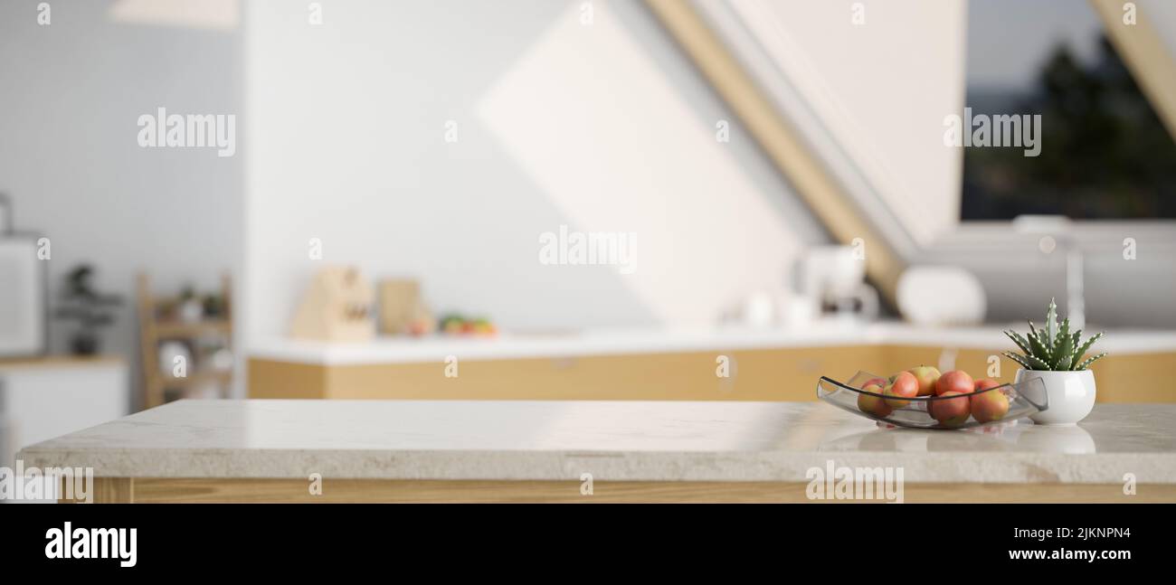 Modern marble kitchen tabletop with decors and copy space for your ...