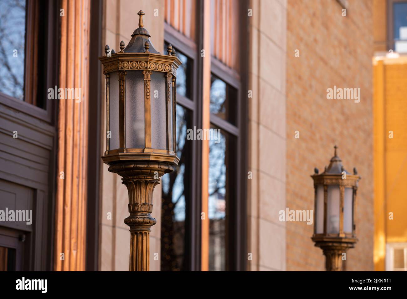 Morning view of the historic street lights in the downtown district of ...
