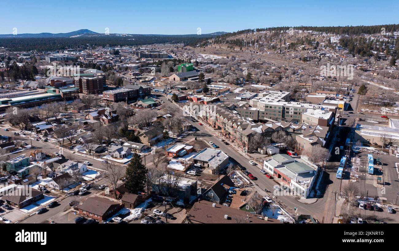 Morning aerial view of the historic downtown district of Flagstaff ...