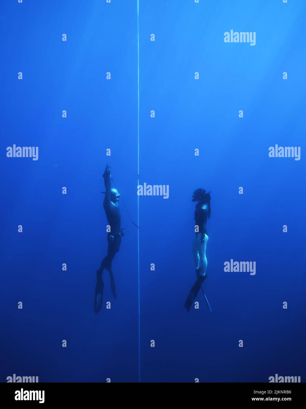 A vertical view of two people in dicing suits exploring the underwater ...