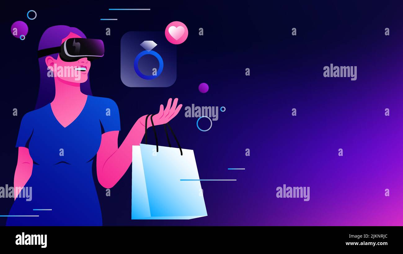 Shopping in Metaverse. Woman in VR Goggles buying stuff Illustration ...